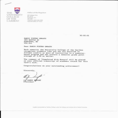 1993 - College - Completed with Honors letter | PDF