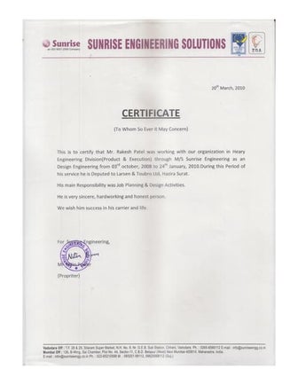 Q.C Engineer Experience Certificate from Techshore | PDF