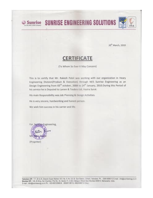 Q.C Engineer Experience Certificate from Techshore | PDF
