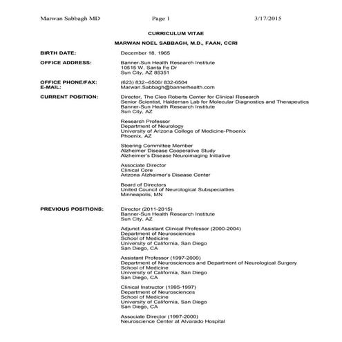 Marwan's CV updated March 12 2015 | DOC | Brain and Nervous System Disorders | Diseases and ...