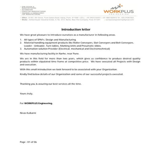 Introduction letter_Workplus Engineering | PDF