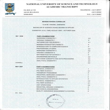 Kwanai Maiseni -NUST Academic Transcript | PDF