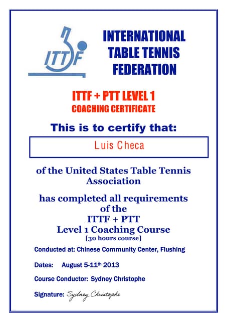 ITTF certificate #1 | PPT