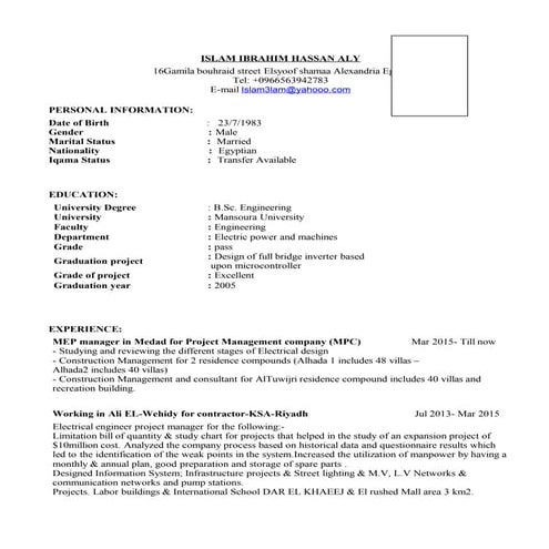 cv islam | DOC | Civil Engineering Industry | Industries