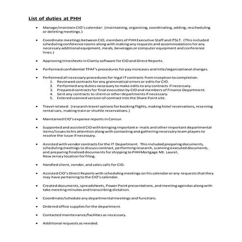 List of duties at PHH | DOCX