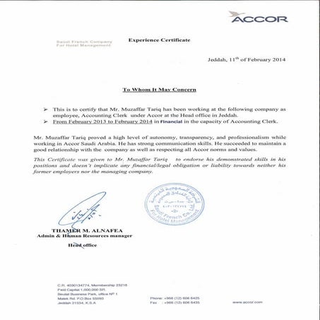 Experience Letter-Accor | PDF