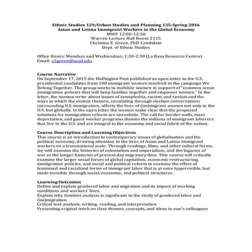 Ethnic Studies 129 Syllabus 2016 | DOCX | Educational Assessment ...