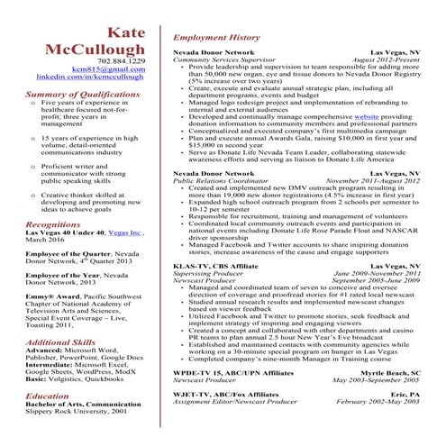 Kate McCullough Resume | PDF | Television | Entertainment