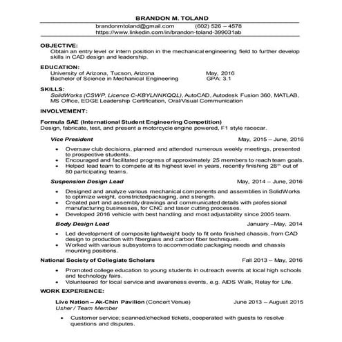 RESUME_BRANDON_TOLAND | DOCX | Civil Engineering Industry | Industries
