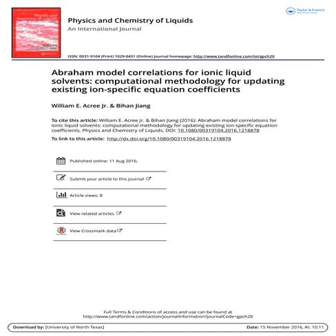 Abraham model correlations for ionic liquid solvents computational methodology for updating ...