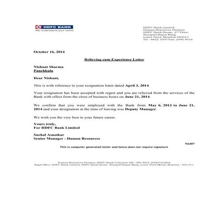 Relieving Letter Format