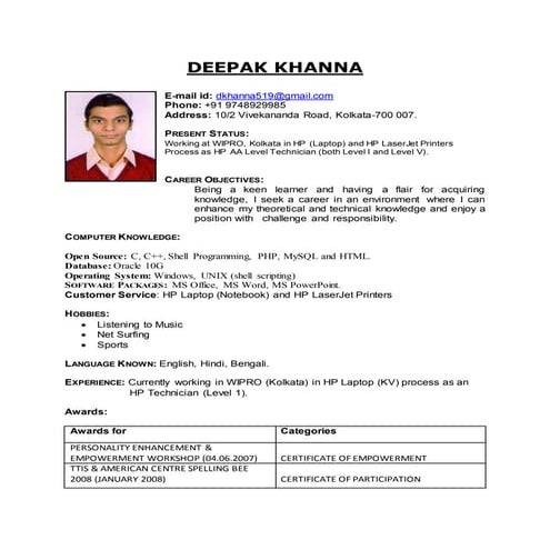Deepak Khanna Fresher CV | PDF