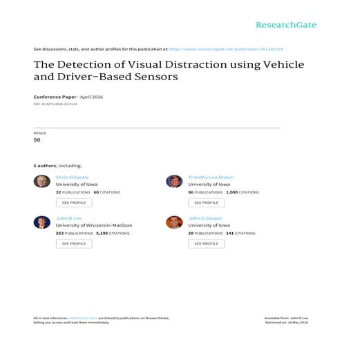 Schwarz Et Al 2016 The Detection Of Visual Distraction Using Vehicle And Driver Based Sensors