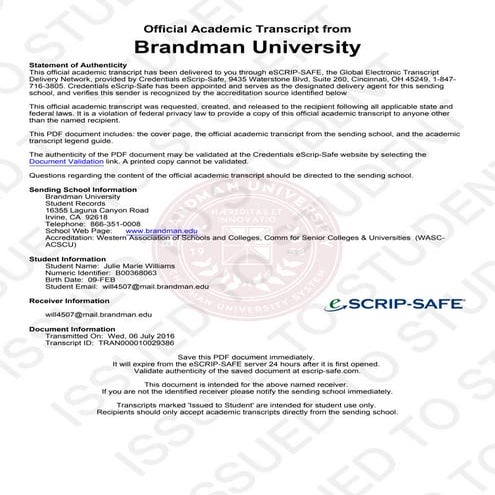 Julie Williams Brandman Official Transcript | PDF