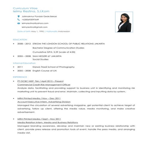 IELMY RESTINA (CV) | PDF | Business | Business and Finance