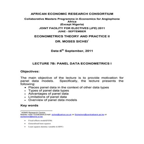 Lecture 7B Panel Econometrics I 2011 | PDF