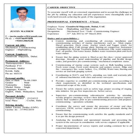 Resume Justin mathew - Mechanical Test - Trails - Commissioning ...