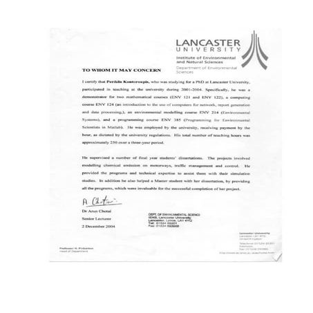 Letter of duties and responsibilities (Lancaster University) | PDF