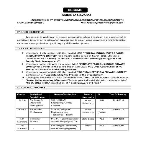 Resume Saranya Selvaraj Pdf 