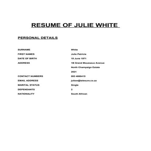RESUME OF JULIE WHITE | PDF