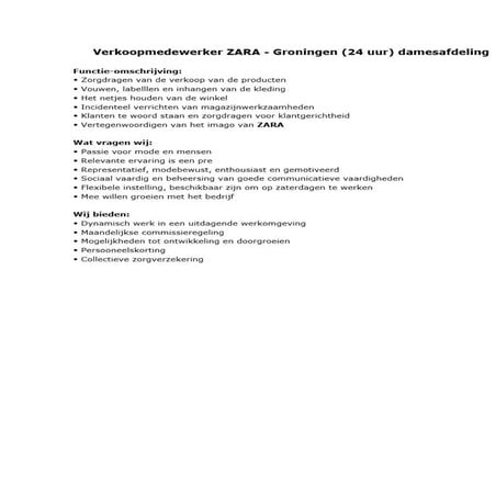 vacature zara | DOCX | Job Fairs | Job Search
