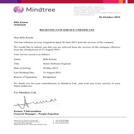 Relieving Cum Service Certificate-M1022620 | PDF