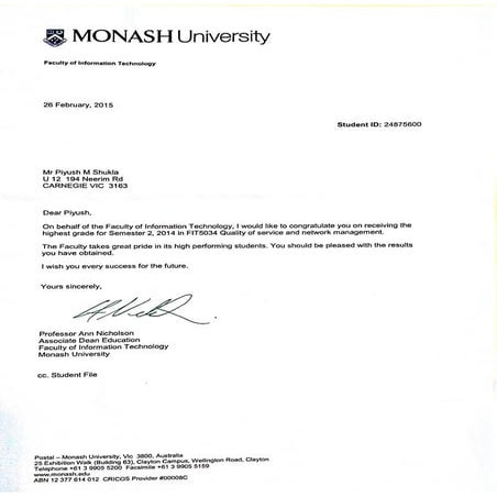 Award Letter Monash | PDF