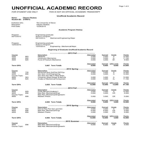Graduate Unofficial Transcript | PDF