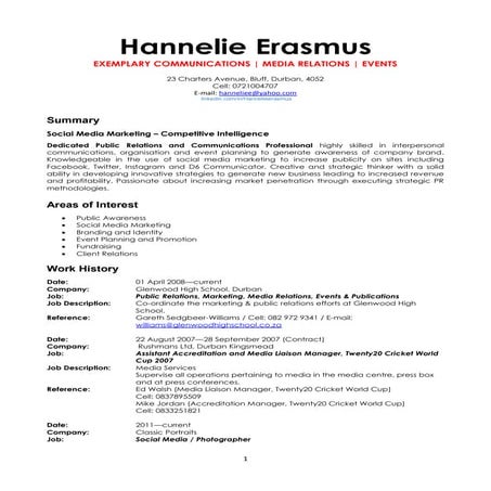 RESUME HANNELIE ERASMUS | PDF
