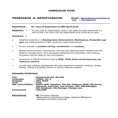Resume of Prabhakar.G.Manikyanavar | DOC