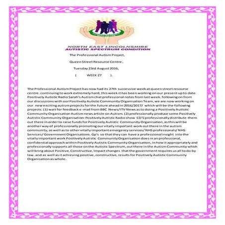 THE PROFESSIONAL AUTISM PROJECT QUEEN STREET RESOURCE CENTRE TUESDAY 23RD AUGUST 2016. | DOCX