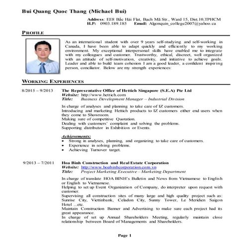 CV OF BUI QUANG QUOC THANG 2015 | DOCX | Business Administration | Business