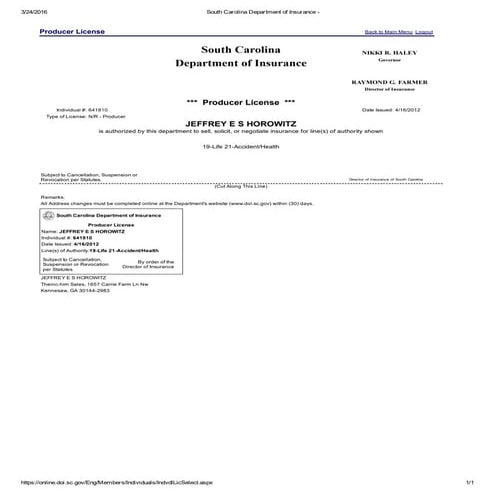 South Carolina Life and Health Insurance License | PDF