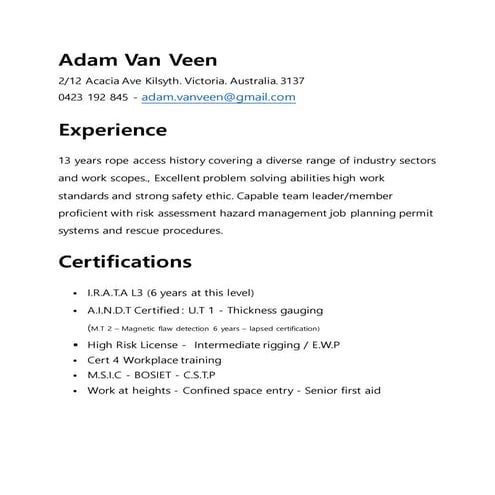 Rope access cv sept 2016 | DOCX