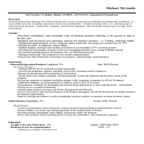 Michael McAnulty Operations Manager Resume | DOCX