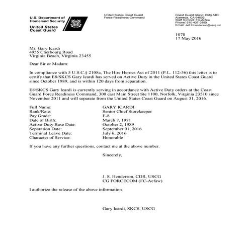 Statement of Service_SKCS Icardi, USCG | PDF