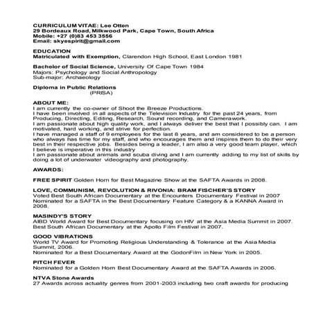 CV Filmography Lee Otten 2015 March | DOCX