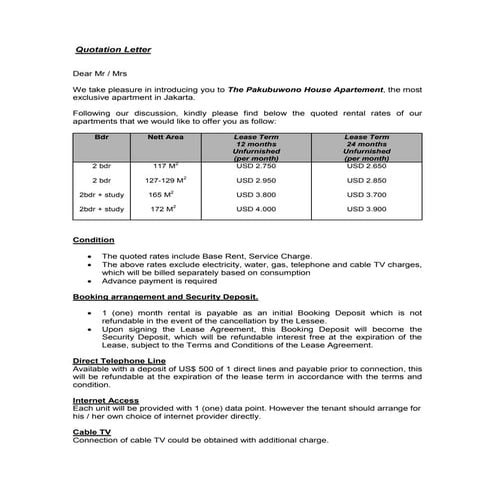 Quotation Sample Letter To Customer