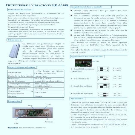 MD-2018R vibration alarm French install manual Focus Alarm System | PDF