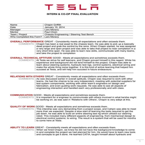 Tesla 14 Jan 09 Intern Final Evaluation - Chapin Griffith | PDF