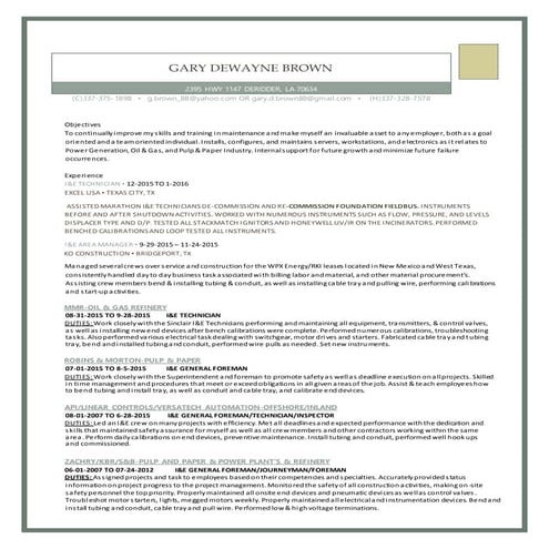Gary DeWayne Brown I&E Resume | DOCX