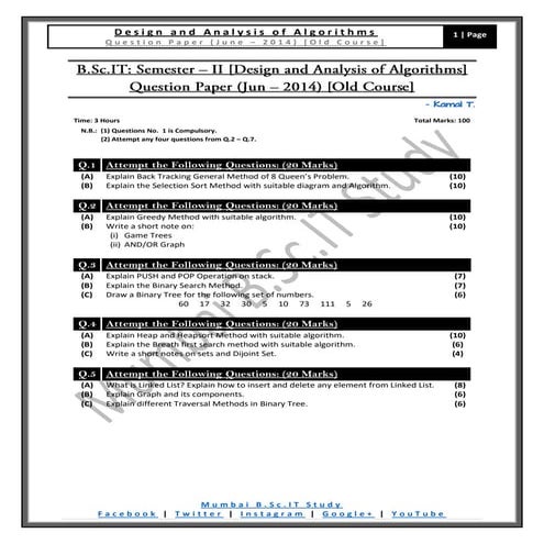 [Question Paper] Design and Analysis of Algorithms (Old Course) [June / 2014] | PDF