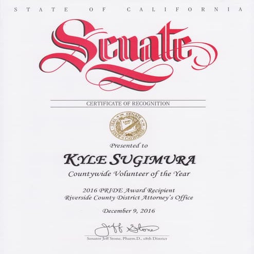 California State Senate – Certificate of Recognition for Kyle Sugimura ...