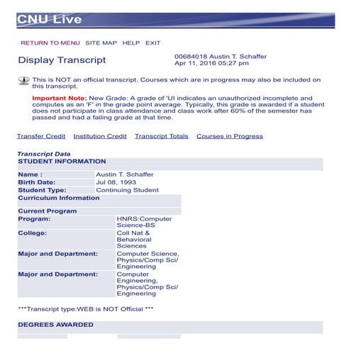Unofficial CNU Academic Transcipts | PDF