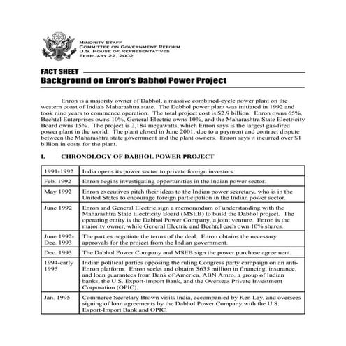 Background on Enron's Dabhol Power Project - Fact Sheet by the ...