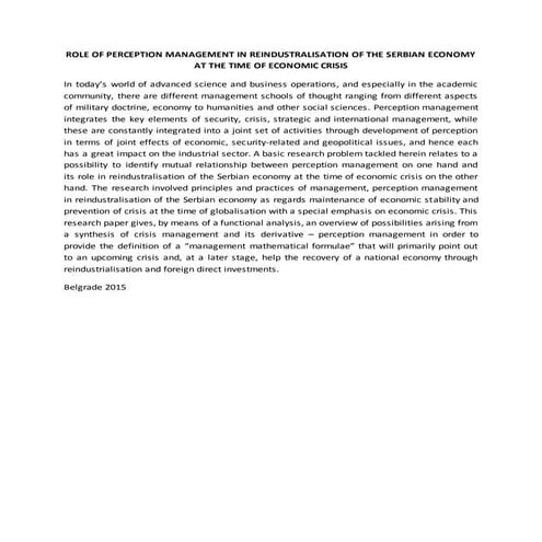 ROLE OF PERCEPTION MANAGEMENT IN REINDUSTRALISATION OF THE SERBIAN ECONOMY | PDF