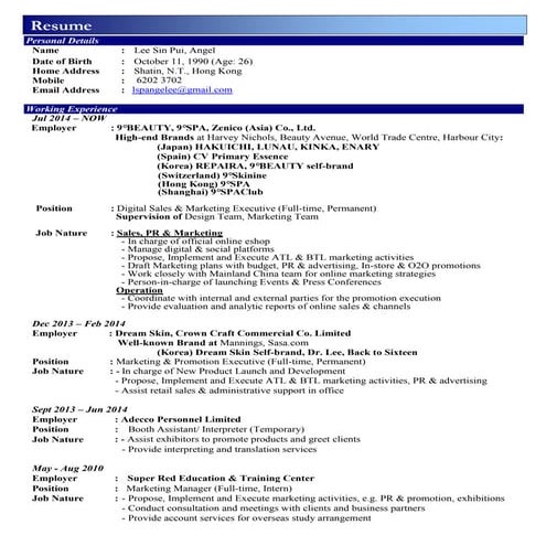 Resume - Lee Sin Pui, Angel | PDF