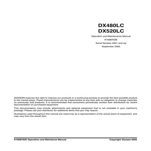 Daewoo doosan dx520 lc excavator operation and maintenance manual ...