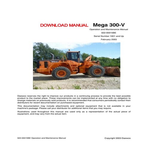 Daewoo doosan mega 300 v wheel loader operator and maintenance manual.pdf