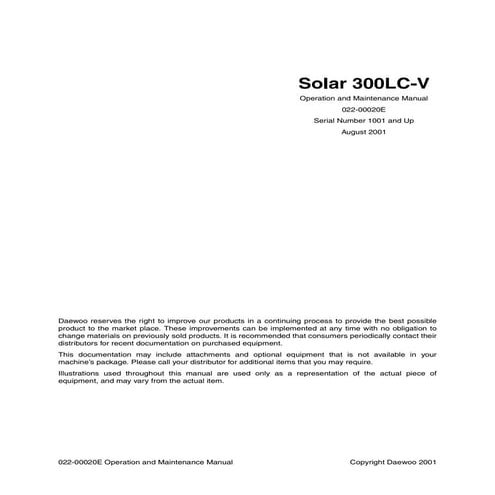 Daewoo doosan solar 300 lc v excavator operation and maintenance manual ...